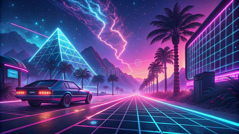 Retro 80s Synthwave Background with Grid Patterns and Neon Lights Stock ...