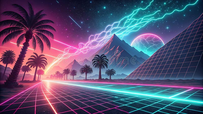 Retro 80s Synthwave Background with Grid Patterns and Neon Lights Stock ...