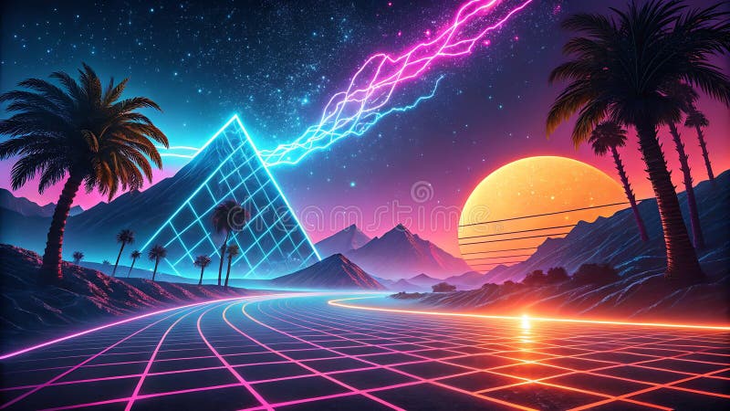Retro 80s Synthwave Background with Grid Patterns and Neon Lights Stock ...