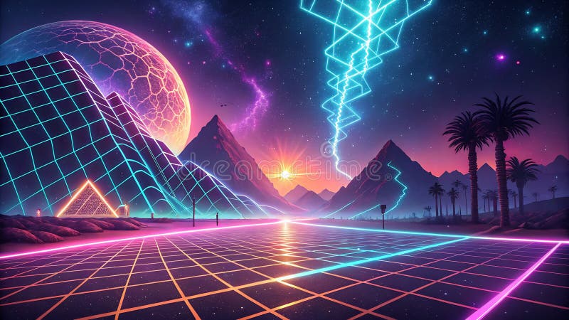 Retro 80s Synthwave Background with Grid Patterns and Neon Lights Stock ...