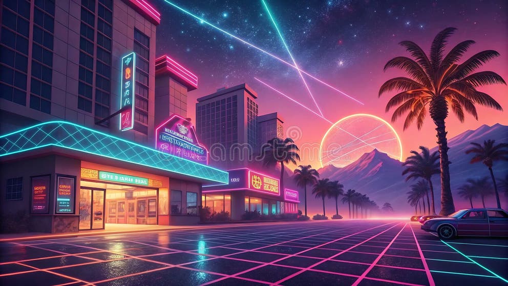Retro 80s Synthwave Background with Grid Patterns and Neon Lights Stock ...