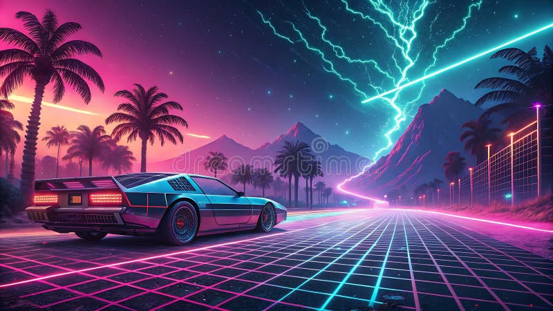 Retro 80s Synthwave Background with Grid Patterns and Neon Lights Stock ...