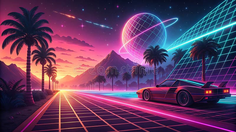 Retro 80s Synthwave Background with Grid Patterns and Neon Lights Stock ...