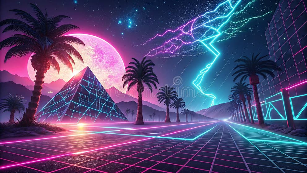 Retro 80s Synthwave Background with Grid Patterns and Neon Lights Stock ...