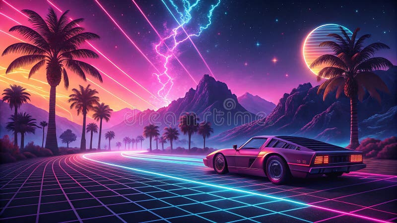 Retro 80s Synthwave Background with Grid Patterns and Neon Lights Stock ...