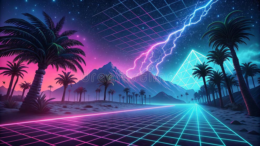 Retro 80s Synthwave Background with Grid Patterns and Neon Lights Stock ...