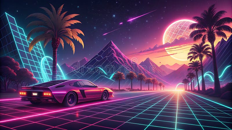 Retro 80s Synthwave Background with Grid Patterns and Neon Lights Stock ...