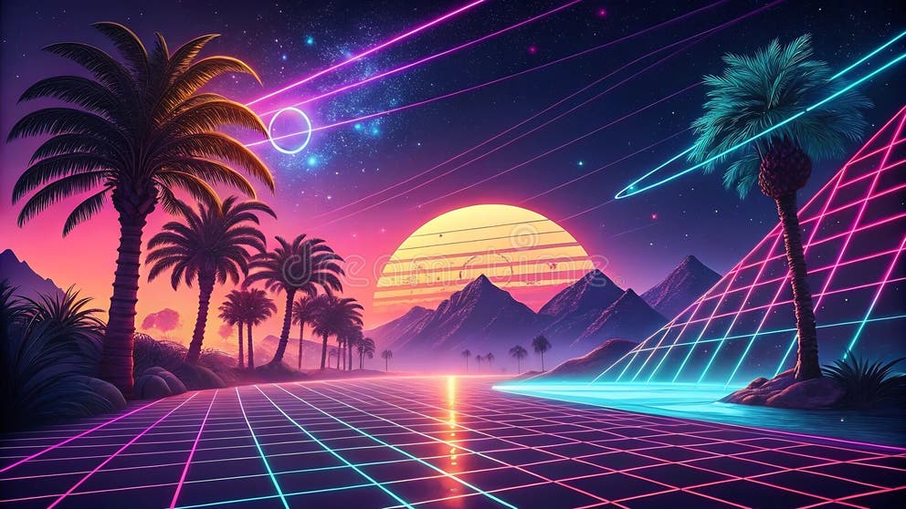 Retro 80s Synthwave Background with Grid Patterns and Neon Lights Stock ...