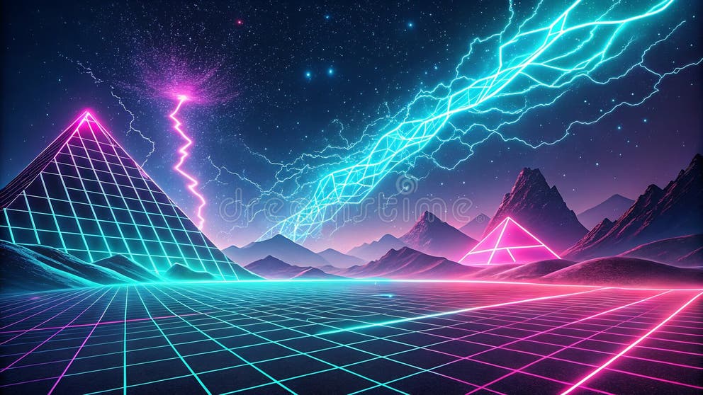 Retro 80s Synthwave Background with Grid Patterns and Neon Lights Stock ...