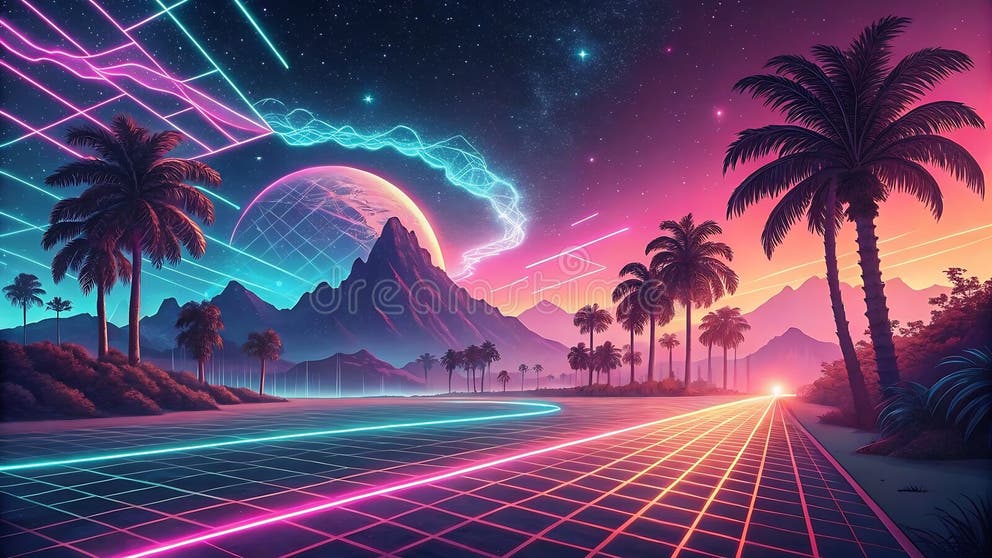 Retro 80s Synthwave Background with Grid Patterns and Neon Lights Stock ...