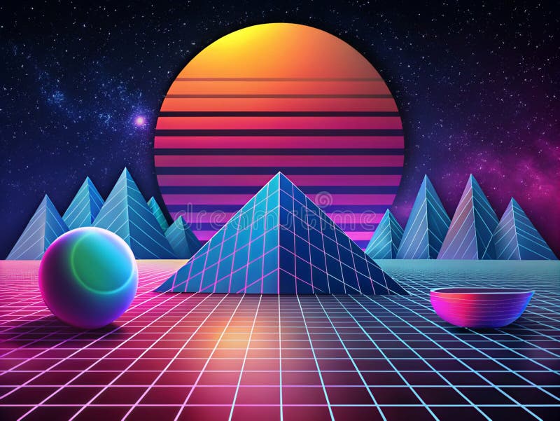 Retro 80s Synthwave Landscape with Pyramids and Grid Stock Vector ...