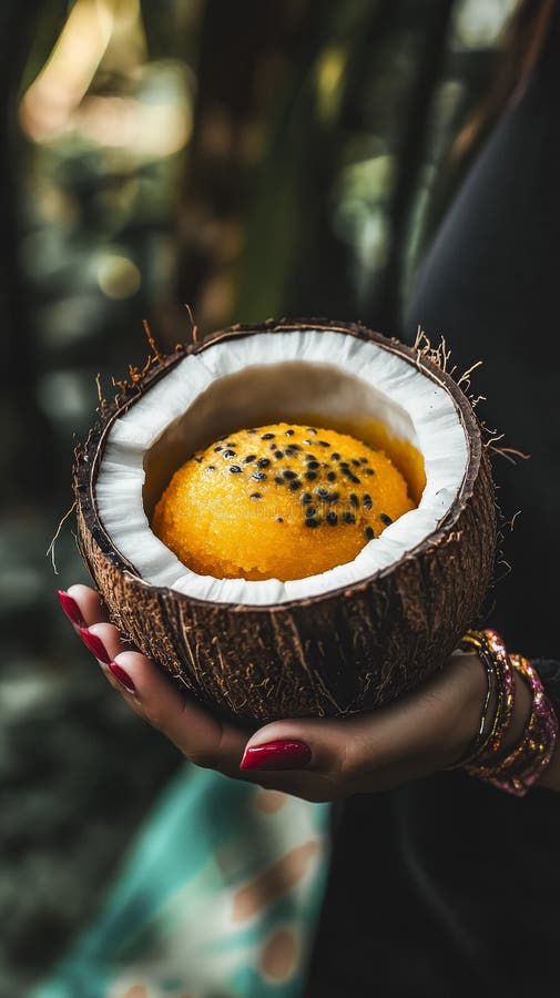 Retro 80s Vibe with Vibrant Mango in Coconut Shell, Tropical Concept ...