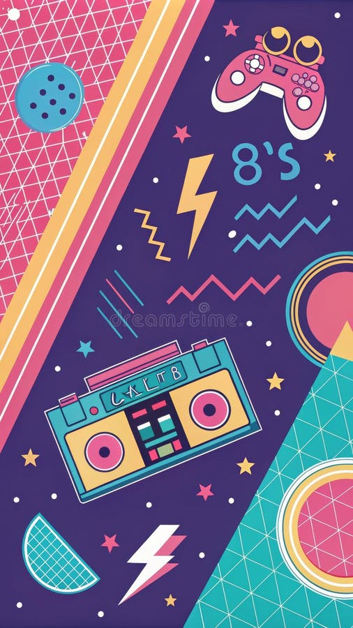 Retro 80s Vibes: Neon Boombox, Game Controller, and Bold Geometric ...