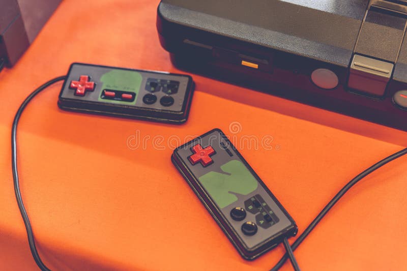 Retro 90s Video Game Console with Two Wired Controllers Stock Image ...