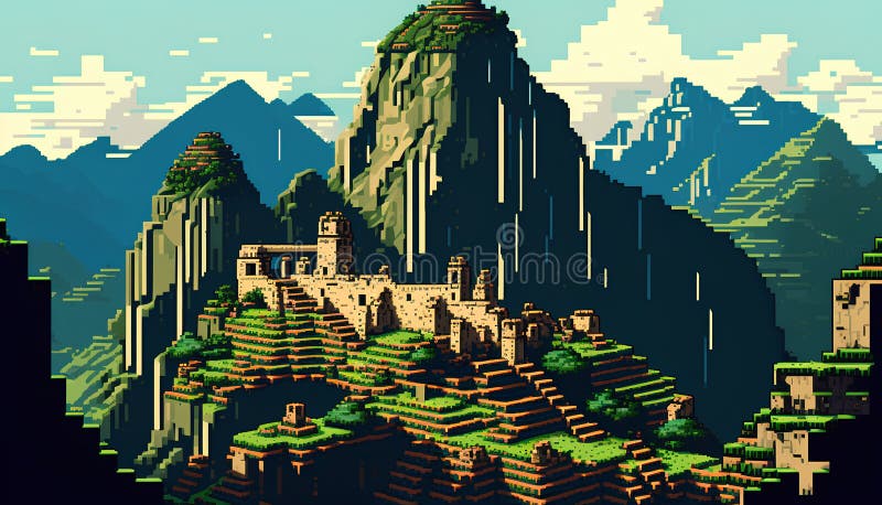 Retro 80s Video Game Pixelated Landscape with Ruins and Mountains Stock ...