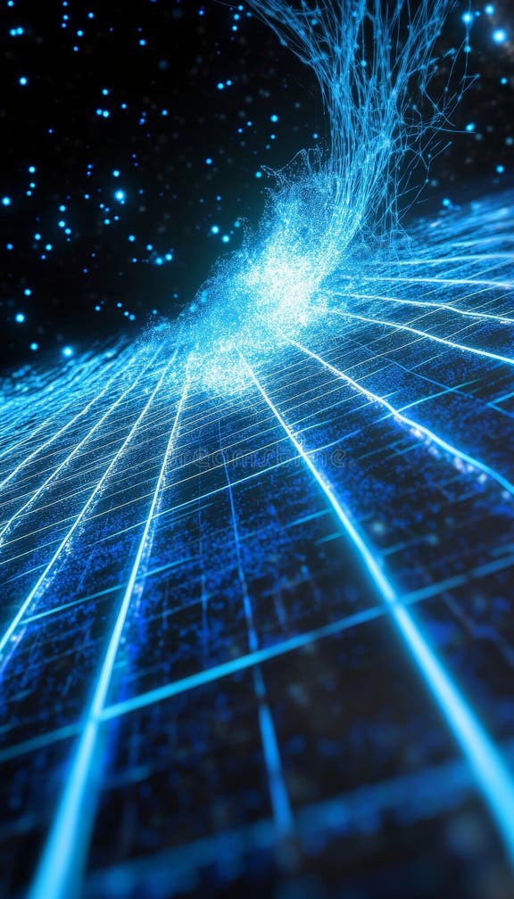 Retro 80s Video Game Scene with Dynamic Blue Light Streaks and Grid ...