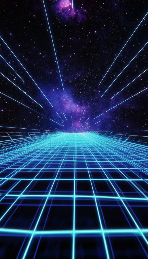 Retro 80s Video Game Scene Featuring Blue Light Grid in a Cosmic Space ...