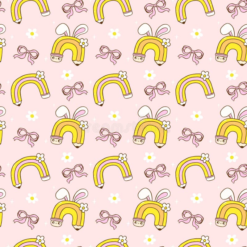 Retro School Easter Seamless Pattern, Rainbow Pencil Rainbow with Bunny ...