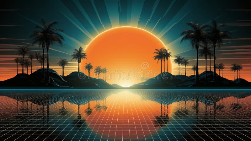 Retro Sci-Fi Landscape. Palms, Ocean, Sun Reflection, Digital Cyber ...