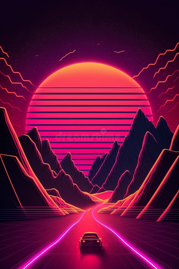 Retro Car on Road with Palm Trees and Sunset. Vector Illustration Stock ...