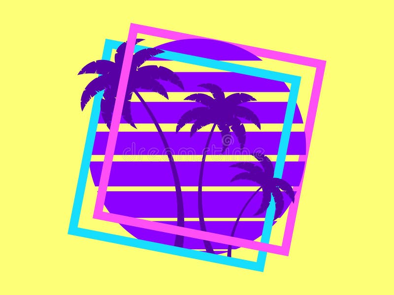 Retro Sci-fi Palm Trees from the 80s at Sunset in a Square Frame. Retro ...