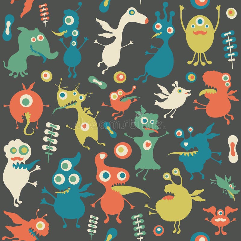 Retro Seamless Pattern with Monsters and Flowers. Stock Vector ...