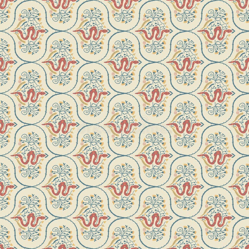 Retro Seamless Pattern with Snake. Vintage Damask Ornament. Vector ...