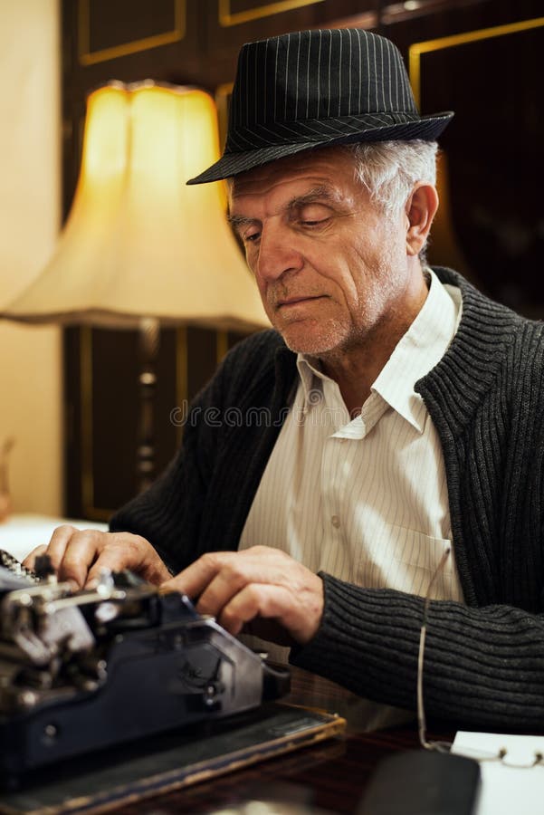 Retro Senior Man writer stock image. Image of typing - 38386319