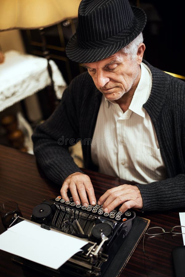 Retro Senior Man writer stock image. Image of typewriter - 38386299