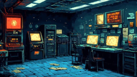 Retro Server Room with Pixelated Screens and Dark Lighting Interior ...