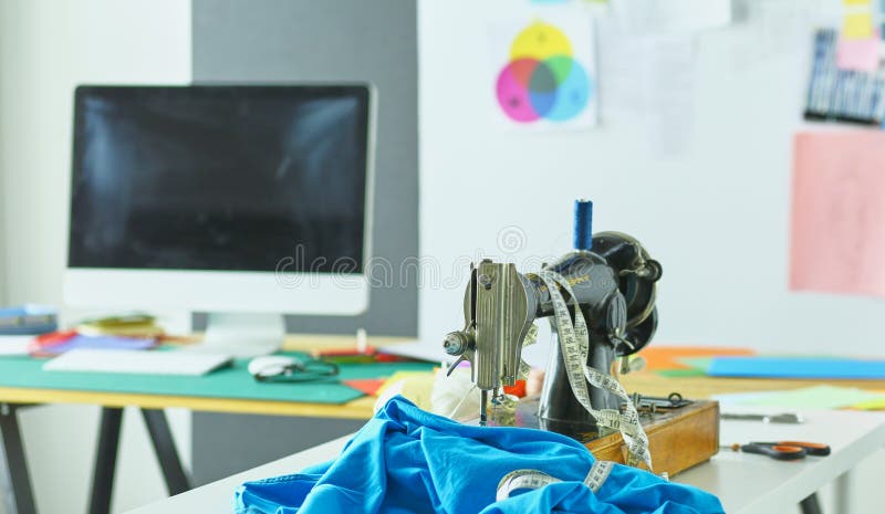 Retro Sewing Machine on Designer Clothes Desktop Stock Photo - Image of ...