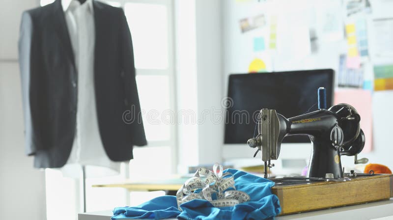 Retro Sewing Machine on Designer Clothes Desktop Stock Photo - Image of ...