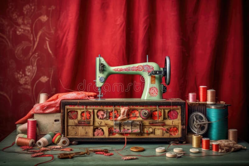 Retro Sewing Machine with Spools of Thread and Scissors Stock ...