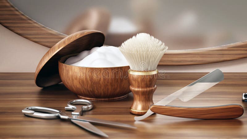 Retro Shaving Tools Standing on Barber Shop Counter. 3D Illustration ...