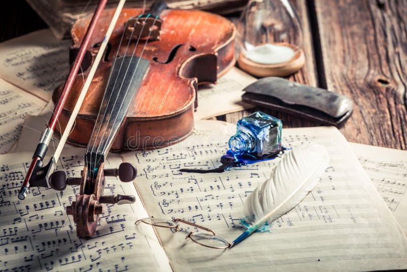 Retro Sheets and Violin with Ink and Feather Stock Photo - Image of ...