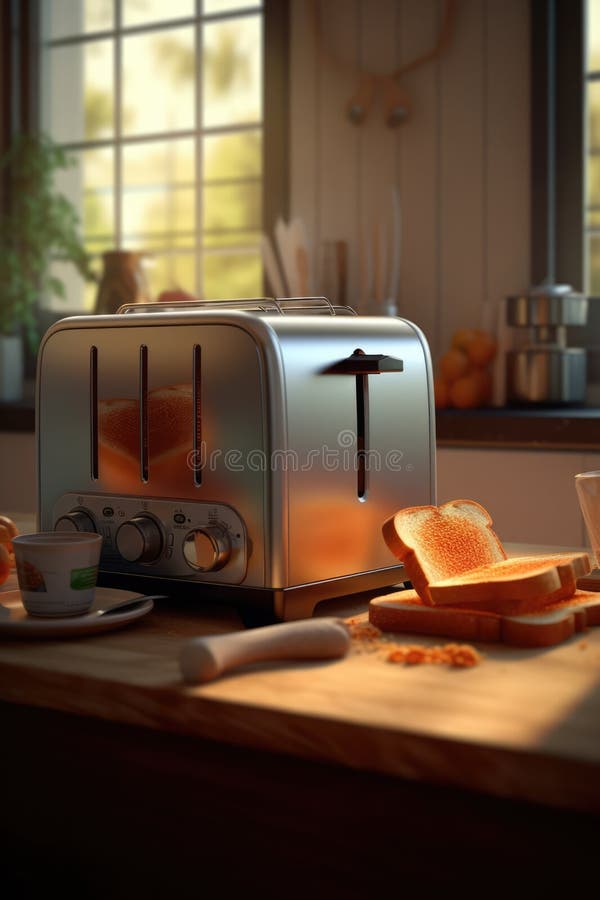 Retro Silver Toaster with Toasts on Wood Surface in Kitchen, Created ...
