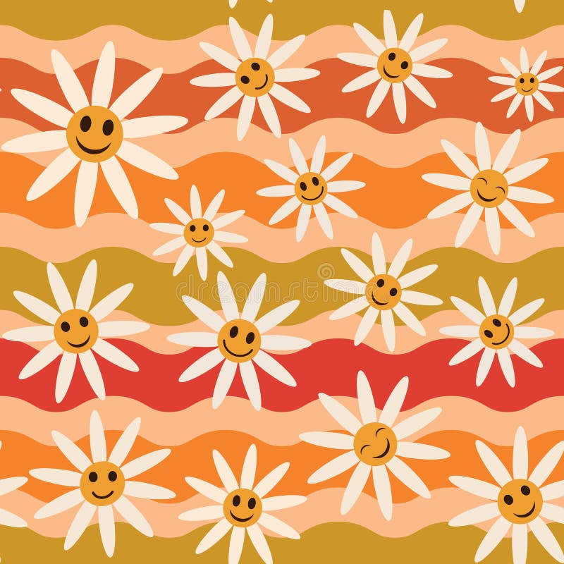 Retro Smiling Daisy Flowers on Retro 70s Waves Seamless Pattern. Stock ...