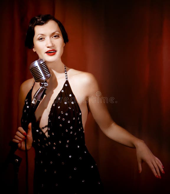 Retro Singer Sing Holding Vintage Microphone Stock Image - Image of ...