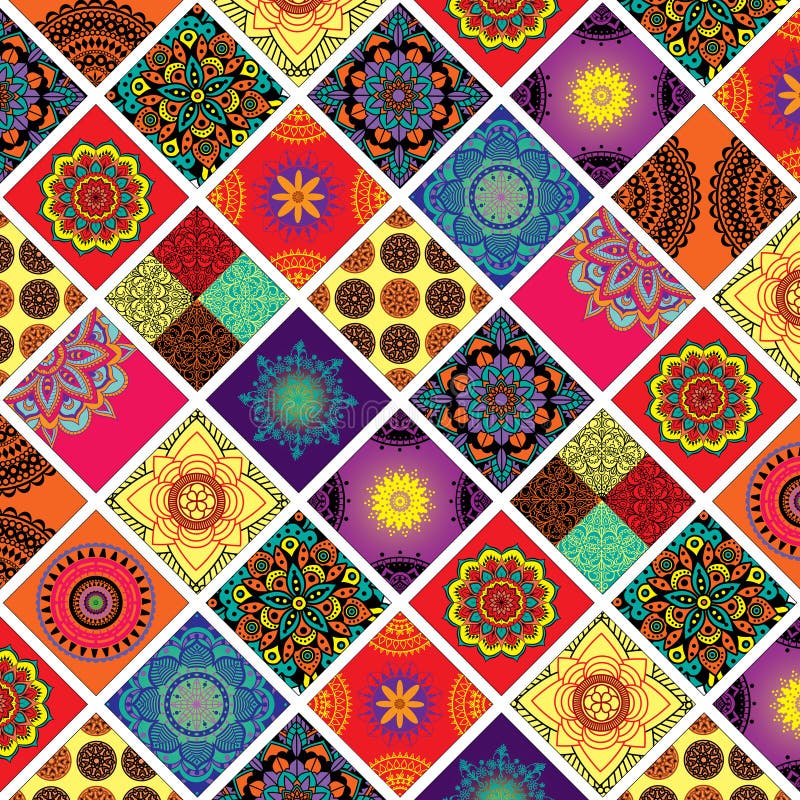 Retro Sixties Colorful Bohemian Hippie Mandala Patchwork Pattern Stock Illustration ...
