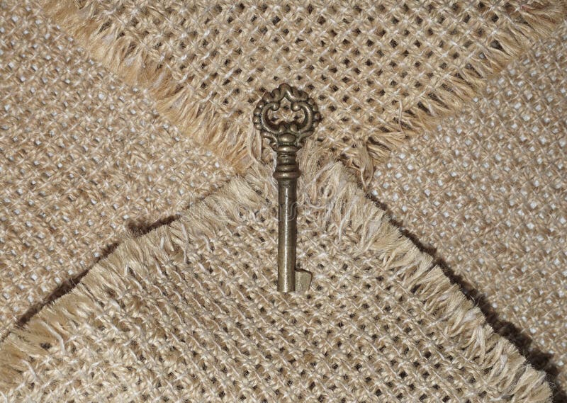 Retro Skeleton Key on Envelope Shaped Burlap Jute Open Woven Fabric ...
