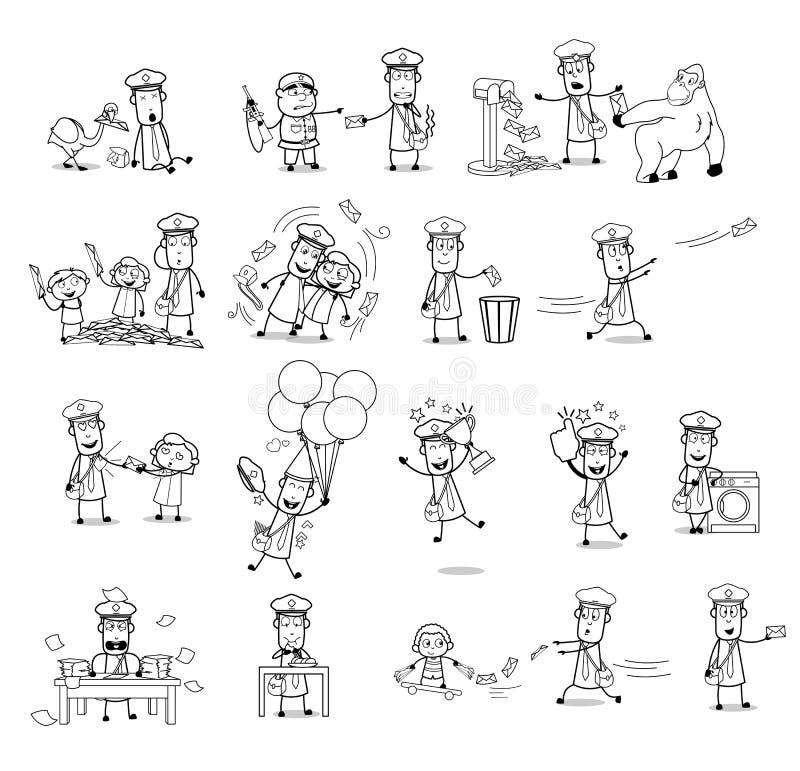Retro Sketching of Comic Postman - Set of Concepts Vector ...