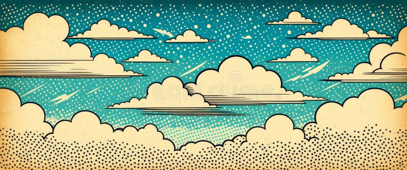 Retro Sky Pattern on Old Paper Texture with Halftone Vintage Clouds ...
