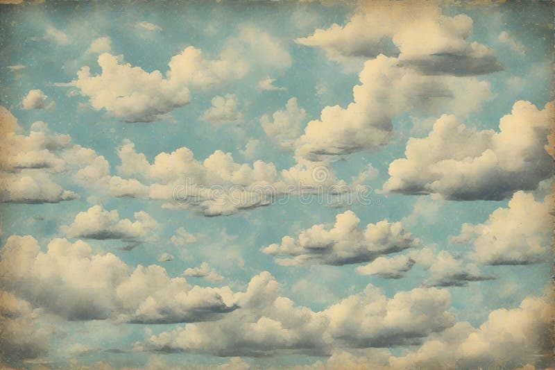 Retro Sky Pattern on Old Paper Texture. Raster Halftone Vintage Clouds ...