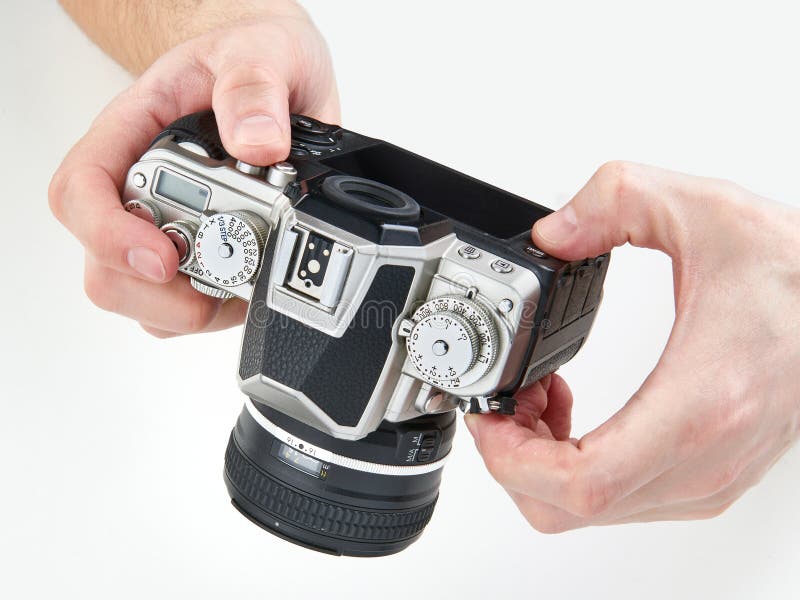 Photographer Setting Shutter Control Dial on Retro SLR Camera Stock ...