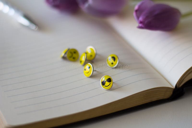 Retro Smiley Face Emoticon Push Pins Stock Image - Image of table ...