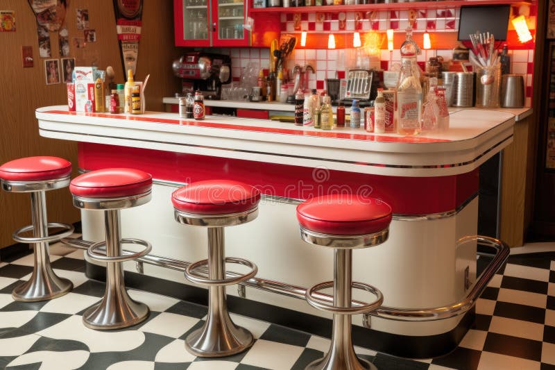 Retro Soda Fountain Counter with Bar Stools and Menu Stock Illustration ...