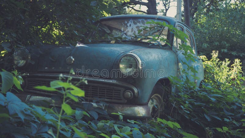 Retro Soviet Blue Car Overgrown with Grass. Classic Car Rusting in a ...