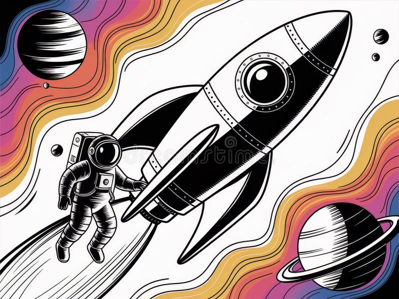 Retro Space Adventure: Astronaut and Rocket Amidst Colorful Planetary ...