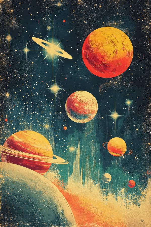 Retro Space Art Planets Galaxy Stars Cosmos Vintage Artwork Stock Illustration - Illustration of ...