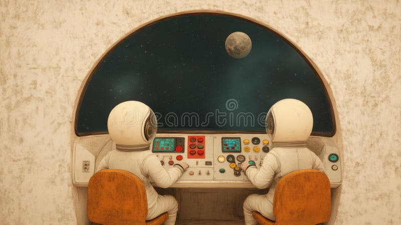 Retro Space Exploration: Astronauts Control Spaceship with Moon View ...